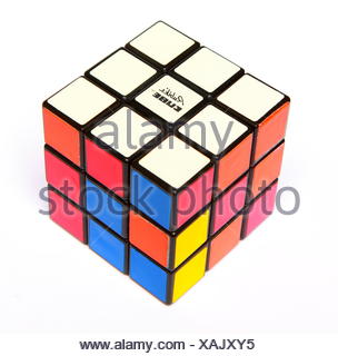 Rubik's cube (white, red, blue, orange, green, and yellow) on gray ...