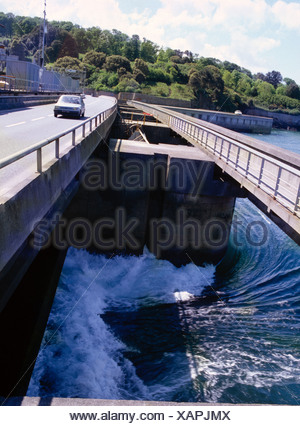 The Rance tidal power station near Saint-Malo in Brittany, France, with ...