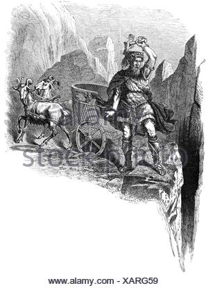 Thor (Donar), Germanic God of the thunder, in his chariot, wood Stock ...
