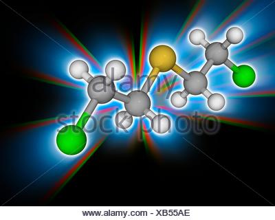 Mustard gas. Molecular model of sulphur mustard (C4.H8.Cl2.S), known ...