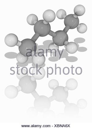 Butane, molecular model. Atoms are represented as spheres with Stock ...