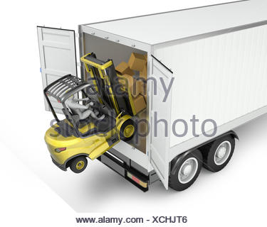 Fork lift truck falling from unsecured semi trailer Stock Photo ...