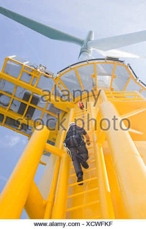 A worker climbing a wind turbine at the Walney offshore wind farm Stock ...