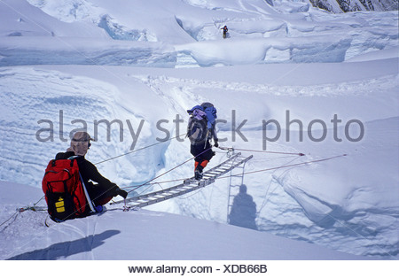 Crossing of a crevasse by ladder, Western Cwm, 6000m Mount Everest ...