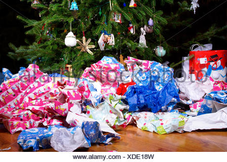 Mess of wrapping paper after all the gifts have been opened Stock Photo ...