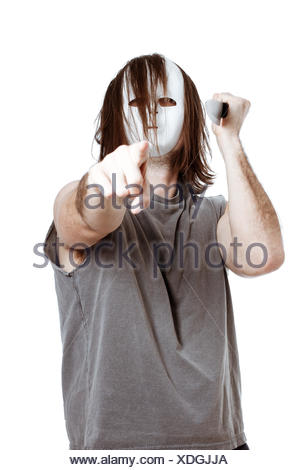 Scary masked killer with knife, pointing at you, isolated on white ...