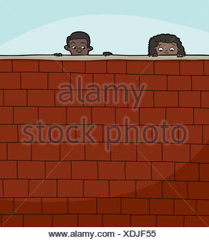 Girl peeking over a brick wall Stock Photo - Alamy