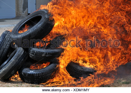 Burning tyres. Tyres are burnt as part of a demonstration to block ...