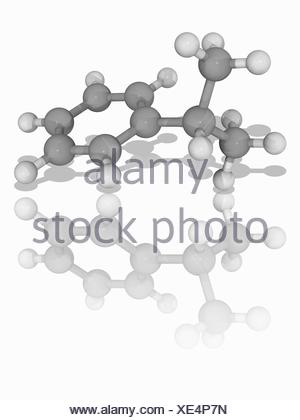 Cumene (isopropylbenzene) aromatic hydrocarbon molecule. Atoms are ...