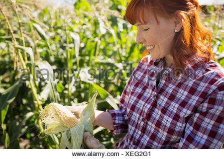 A happy, smiling woman is holding a corn on the cob with its husk Stock ...