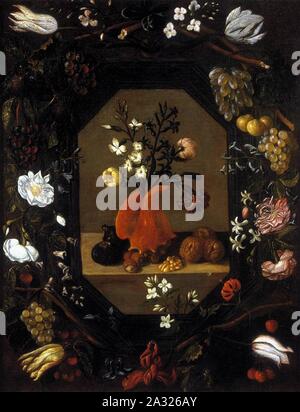 Espinosa, 1645, einen Blumenstrauß in eine Muschelschale mit Nüssen und ...