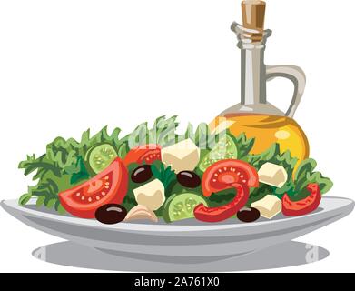 Salat mit Tomaten, Gurken, Oliven in eine weiße Platte. Nützliche fast ...