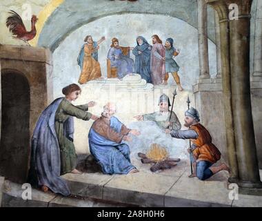 Petrus verleugnet Jesus, bevor der Hahn dreimal kräht, Fresko in der ...