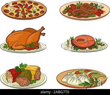 Satz von Essen Piktogramme, Pizza, Steak, gebackenes Huhn, Fisch und ...