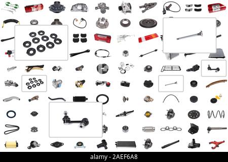 Collage aus verschiedenen Autoteile für Pkw und Lkw mit einem ...