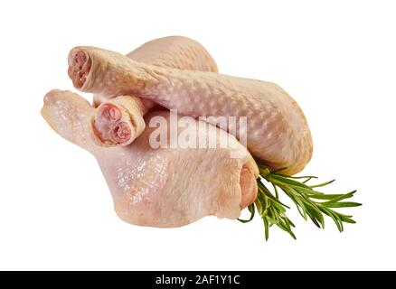 Rohe ungekochte Hähnchenschenkel, Drumsticks auf Holzbrett, Fleisch mit ...