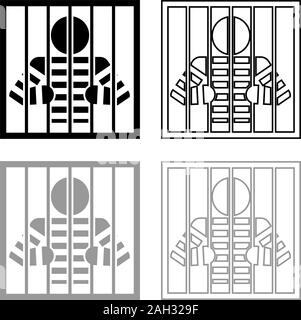 Hinter Gittern gefangen hält Stangen mit seinen Händen wütenden Mann ...