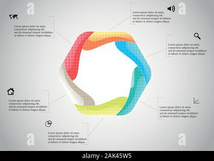 Infografik mit geometrischem Sechseck und farbenfrohem Symbol für ...