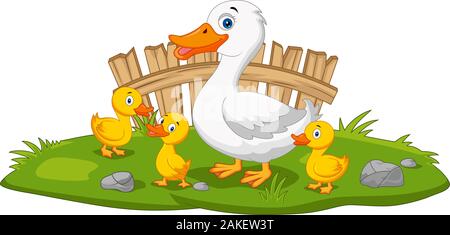 Mutter Ente und Entenküken. Niedliche Enten, die in Reihe laufen ...