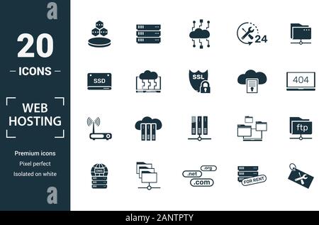 Web Hosting Icon Set. Kreative Elemente Daten Struktur gehören, Cloud Technologie, SSD, Zugriff ...