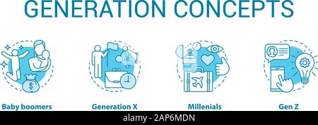 Generation Konzept Symbole gesetzt. Altersgruppen Idee dünne Linie ...