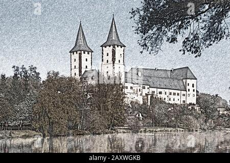 Blick über den Fluss Zwickauer Mulde, die Rochlitz Schloss, mehr als ...