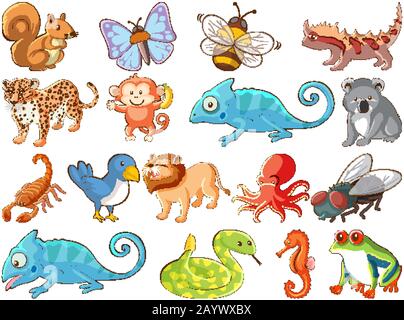 Große Tierwelt mit vielen Arten von Tieren Illustration Stock ...