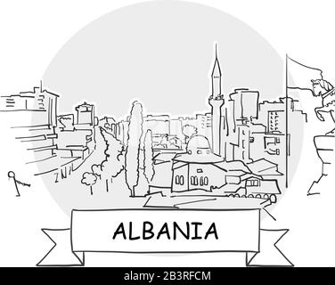 Tirana, Albanien berühmte Skyline Skizze. Lineart Zeichnung von Hand ...
