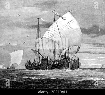 Mittelalter, Wikinger, Wikingerschiff, Segeln, Gemälde von Arch Webb ...