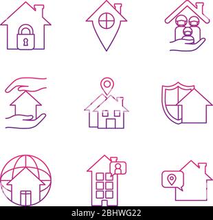 Globale Kugel und Häuser Symbol auf weißem Hintergrund gesetzt, Verlauf ...