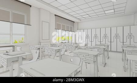 Design im Klassenzimmer mit modernen Schreibtischen, Sitzplätzen, Tafel ...
