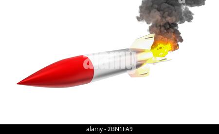 Rakete mit Flammen und Rauch auf einem Betonhintergrund. 3d-Rendering ...