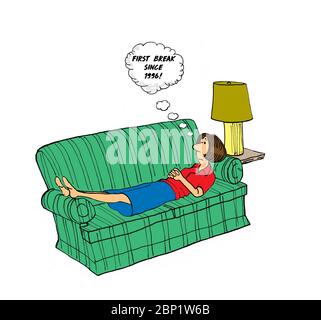 Karikatur von einer Geschäftsfrau zu Hause am Wochenende arbeiten und ...