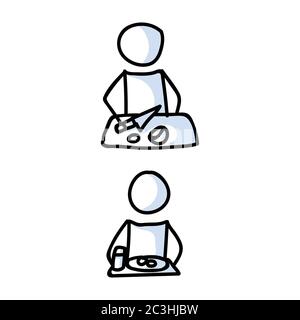 Niedliche Stick Figur zwei Koch Kochen mit Bratpfanne lineart Symbol ...