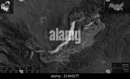 Burjat, republik Russland. Graustufen-Karte mit Seen und Flüssen. Form ...