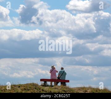 Stolpe, Deutschland. Juli 2020. Ein Frachtschiff ist auf dem Weg ...