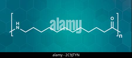 Nylon 12 Polymer, chemische Struktur. Stilisierte Skelettformel: Atome ...