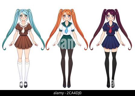 Set Aus Drei Anime Mädchen Nette Mädchen Mit Großen Augen Und Tragen