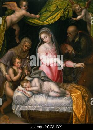 Die Heilige Familie mit der Heiligen Elisabeth und dem Säugling Johannes dem Täufer, die einen ...