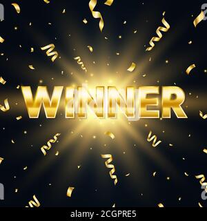 Großer Gewinn goldener Glitzer Text mit Farbe fallenden Konfetti. Helle ...