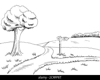 Crossroad Weg Grafik schwarz weiß Landschaft Skizze Illustration Vektor ...