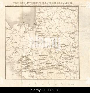 Guerre de Vendée 1793. Aufstand der Vendée, 1817 Antike Landkarte ...