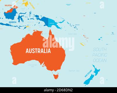 Australien und Ozeanien Region Vektor hoch detaillierte Karte mit den Namen und Nationale Fahnen ...