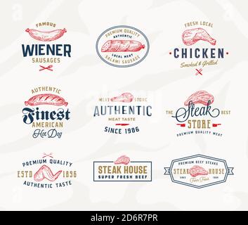 Steak House oder Fleisch Store Labels, Embleme, Logos Vorlagen. Zeichen ...