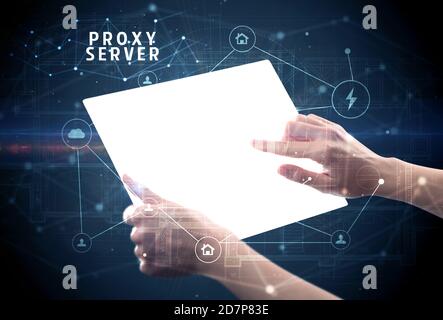 Die futuristische Tablet mit Proxy server Inschrift, Cyber Security ...