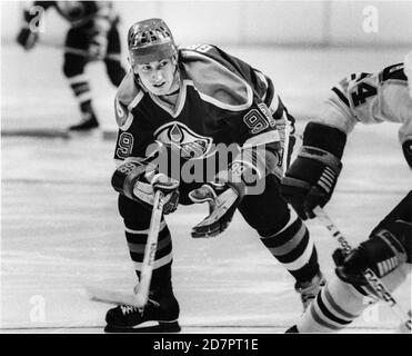 Edmonton Oilers' Wayne Gretzky (99) and Tom Roulston (24) watch the ...