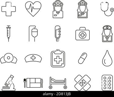 Symbole für dünne Linien von Ärzten, Patienten und Pfleger. Satz von ...