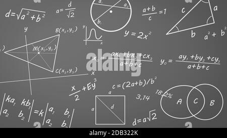 Tafel mit Kreide. Formeln, Zahlen und Grafiken mit Zeichnungen werden ...
