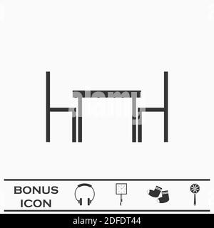 Tisch mit Stühlen Icon flach. Schwarzes Piktogramm auf grauem ...
