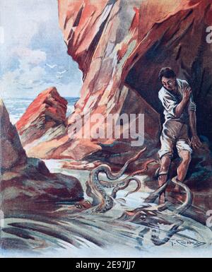 Illustration der Giant Octopus (Krake Dofleini) Angriff auf ein Schiff ...
